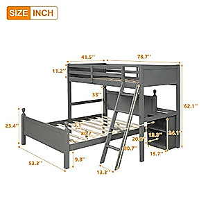 BIADNBZ Twin Over Full Loft Bed with Cabinet and Ladder for Kids/Teens/Bedroom,No Need Spring Box,Gray