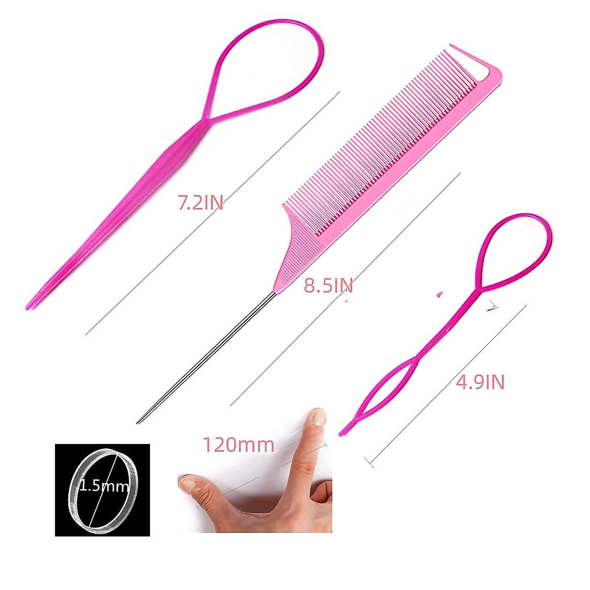 1000Pcs Clear Elastic Hair Rubber Bands, Soft And Small Hair Elastics Ties for Girls And Women, 2pcs Topsy Tail Hair Tools,Hair loop Styling Tool,1Pcs Rat Tail Combs for Hair styling,Pink Schembo