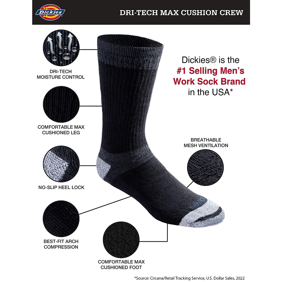 Dickies Men's Dri-Tech Moisture Control Max Full Cushion Crew Socks, Available in M-XL (6, 12, Black (6 Pairs), X-Large