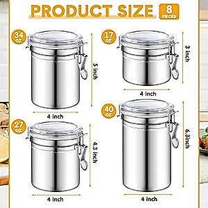 Rtteri 8 Pieces Stainless Steel Airtight Canister Set with Clear Lid and Locking Clamp Food Storage Container Set Stainless Steel Kitchen Canister for Coffee Sugar Flour Tea Candy Cookie Spice