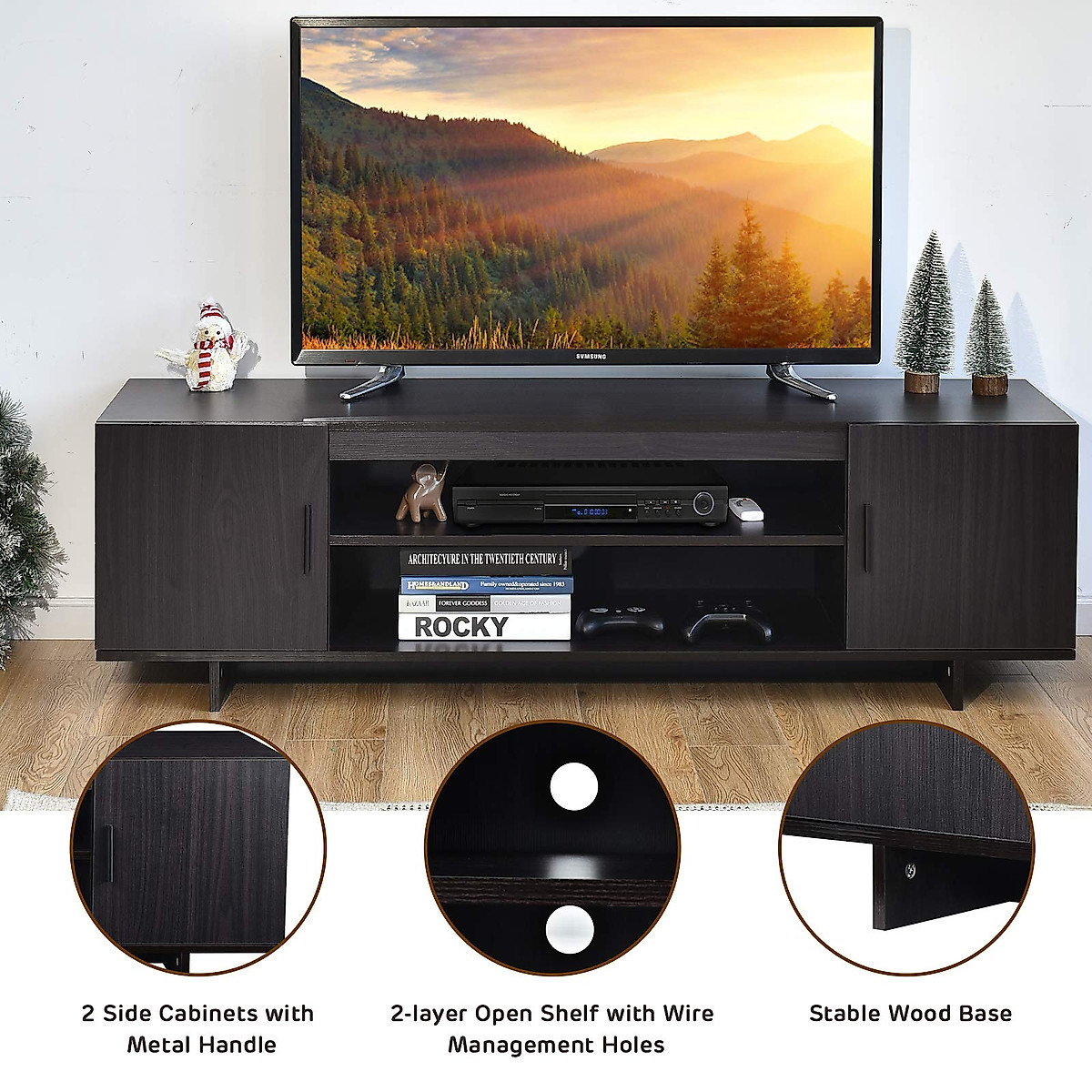 Tangkula Modern Wood Universal TV Stand for TV up to 65", Media Console with 2 Storage Cabinets & Open Shelves, Home Living Room Furniture Entertainment Center (Brown)
