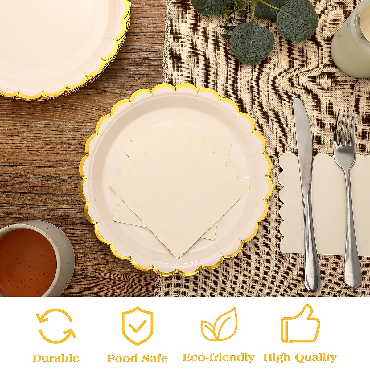 Maxcheck 50 Pcs Creamy White Scalloped Paper Plates with Gold Foil 9 Inches Disposable Paper Party Plates for Cake Dessert Birthday Baby Shower Wedding Tea Party Supplies