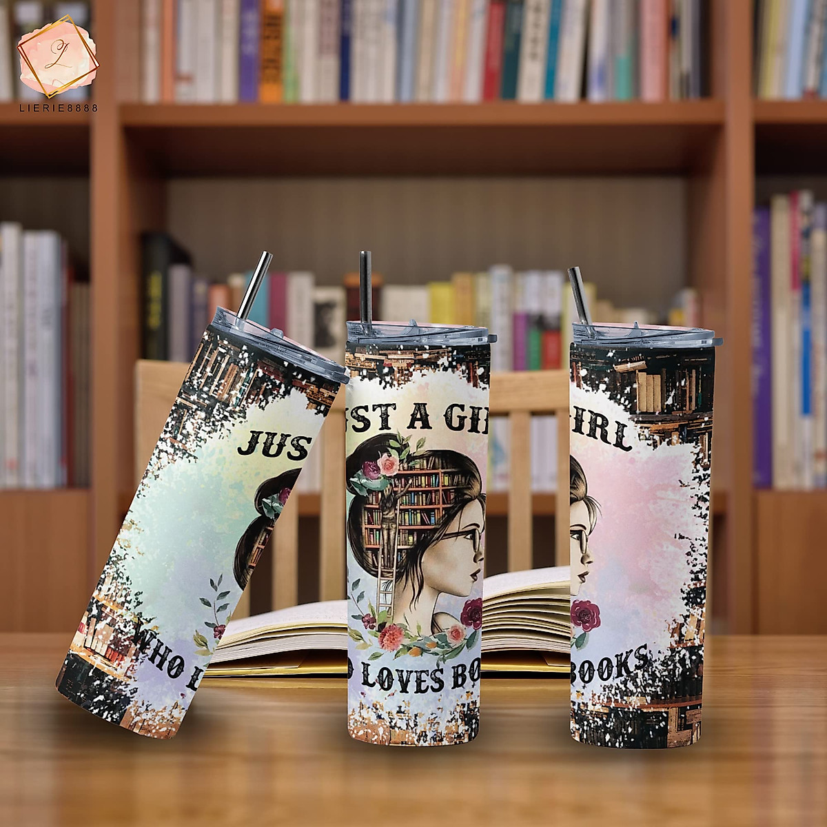 LIERIE8888 Librarian Gifts For Women, Book Lover Travel Coffee Mugs, Book Themed Gifts, Book Reader Gifts For Woman, Bookish Gifts for Woman, Just A Girl Who Loves Books Tumbler with Lid and Straw