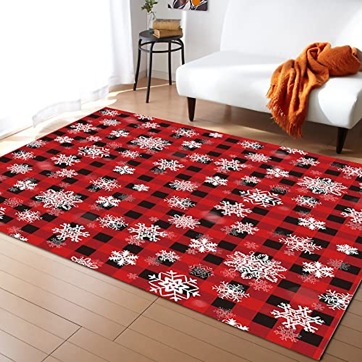 Christmas Snowflake Area Rug, Anti-Slip Rug 2'x3', Stain Proof Rugs for Living Room, Soft Foldable Lightweight Machine Washable Area Rug Comfy Carpet, Merry Xmas Red Black Plaid