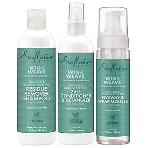 Shea Moisture Wig & Weave 3pc Bundle, Residue Remover Shampoo (13 Oz) + 2in1 Detangler Leave In Wig Conditioner (8 Oz) + Mousse (7.5Oz), Oil for Wigs, Wig Spray for Synthetic Wigs