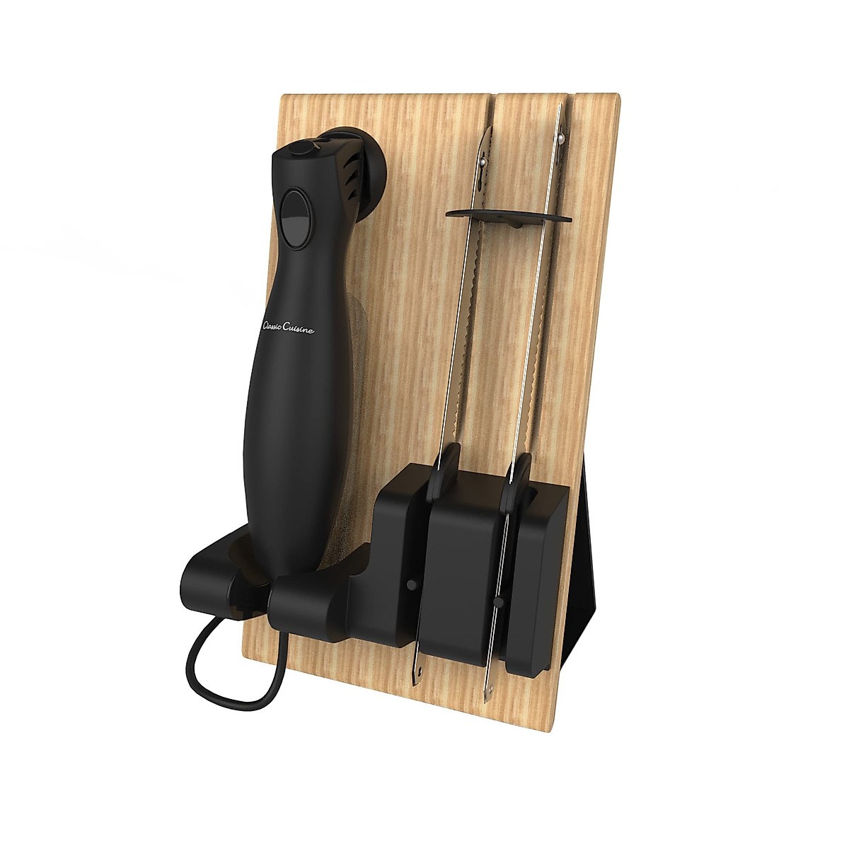 Electric Carving Knife Set with 2 Stainless Steel Blades, Comfort Grip Handle and Wood Storage Block For Slicing Bread, Meat, Etc By Classic Cuisine, Silver