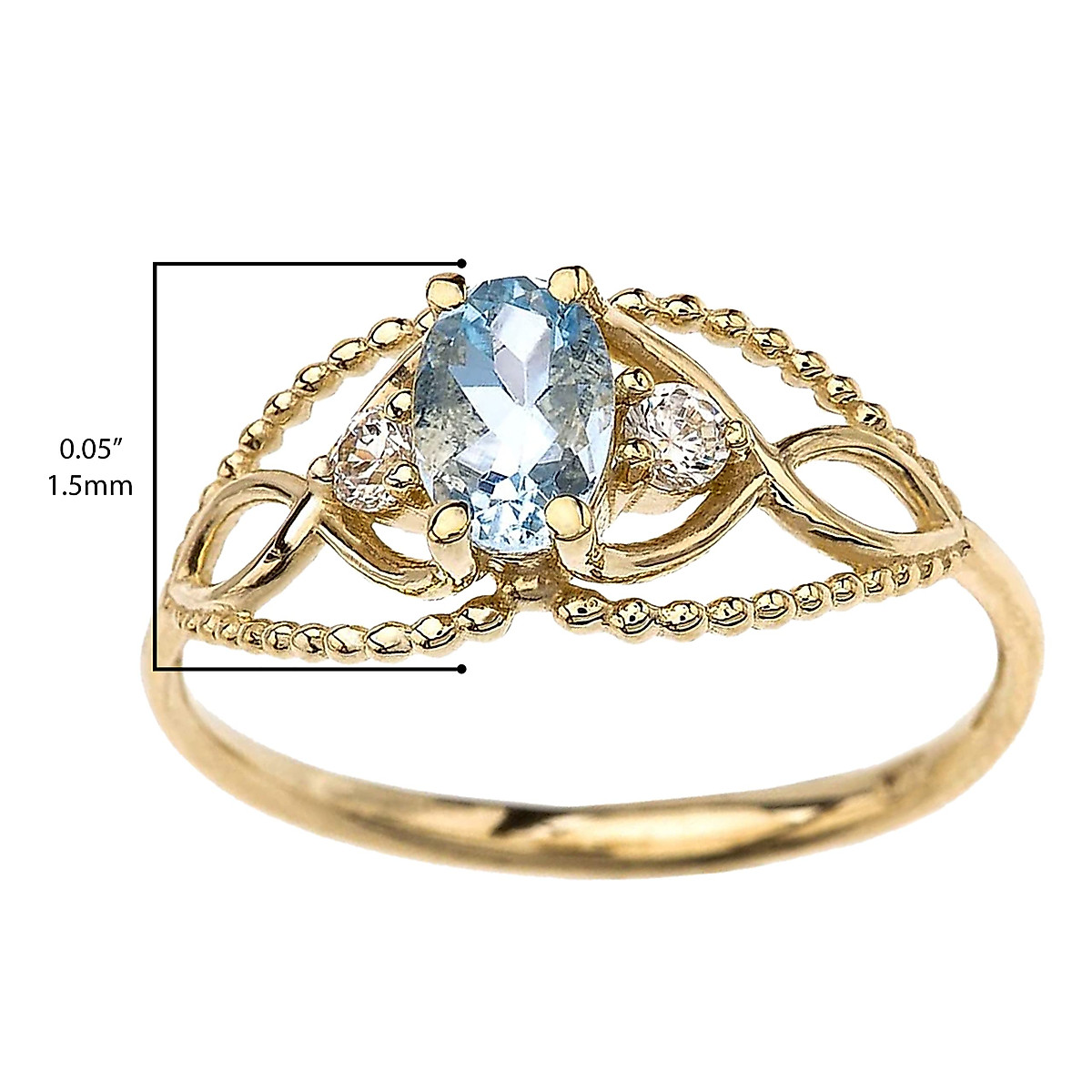 10K Yellow Gold, Blue Oval Cut Aquamarine & White Topaz Three Stone Swirl March Birthstone Split Shank Beaded Engagement Ring - Size 8