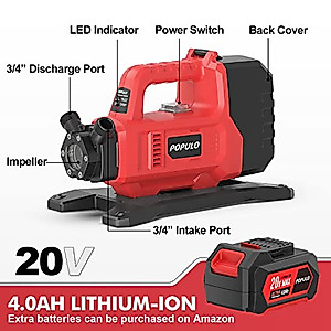 POPULO Hybrid Water Transfer Pump, 120VAC or 20VDC Portable Electric Utility Pump, 4.0AH 325GPH 45FT Electric Cordless Water Pump for Home, Pool, RV, Garden, Hot Tub, Tank, Ponds, Aquariums