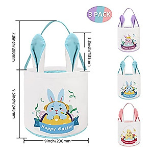 Asbtos 3 Pack Easter Basket, Bunny Baskets for Kids with Cute Rabbit Ears Stripe Storage Gifts Candies, Blue, Pink, Purple(9 x 9 x 14 inches)