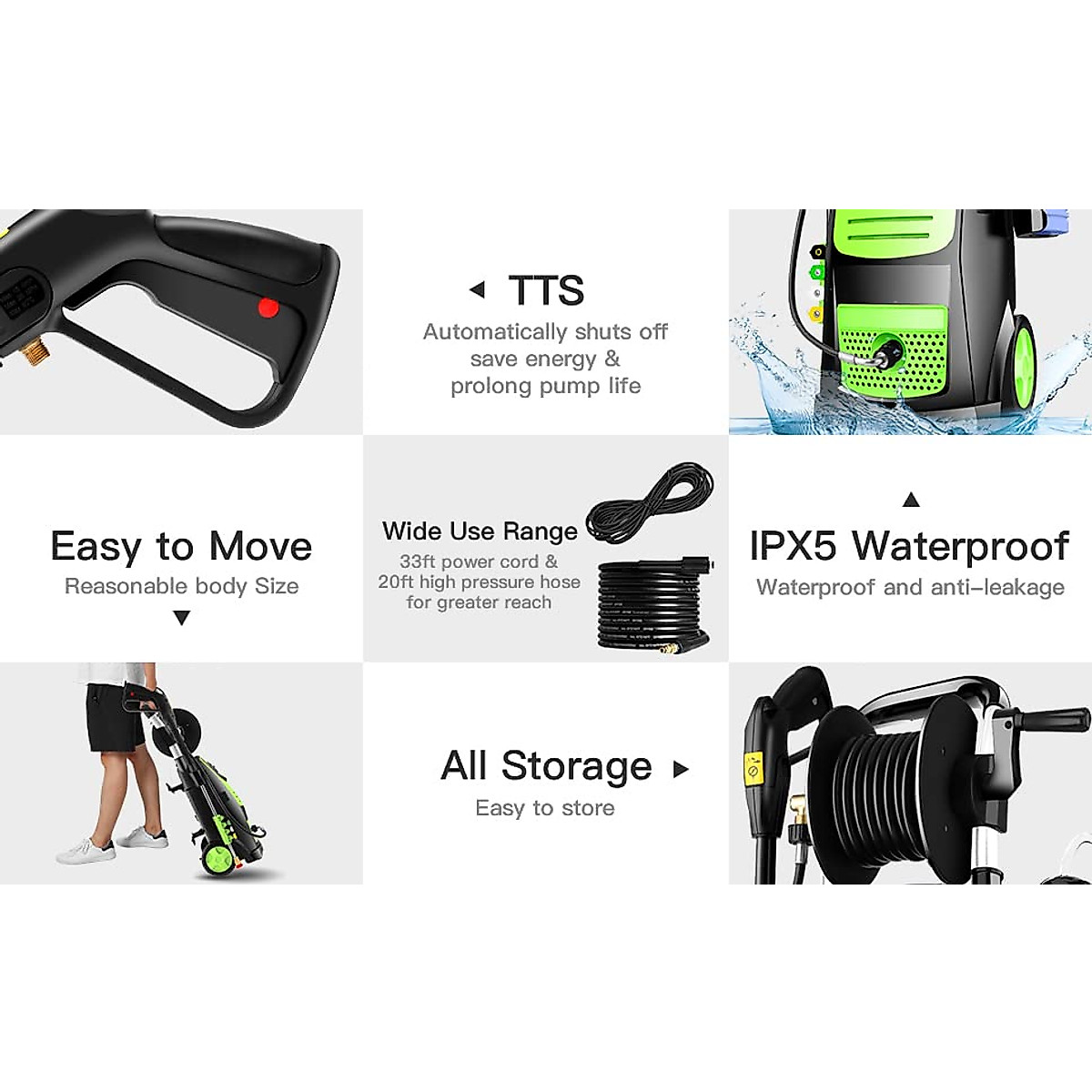 mrliance Electric Pressure Washer 1.8GPM Power Washer 1800W High Pressure Washer Cleaner Machine with 4 Interchangeable Nozzle & Hose Reel, Best for Cleaning Patio, Garden,Yard