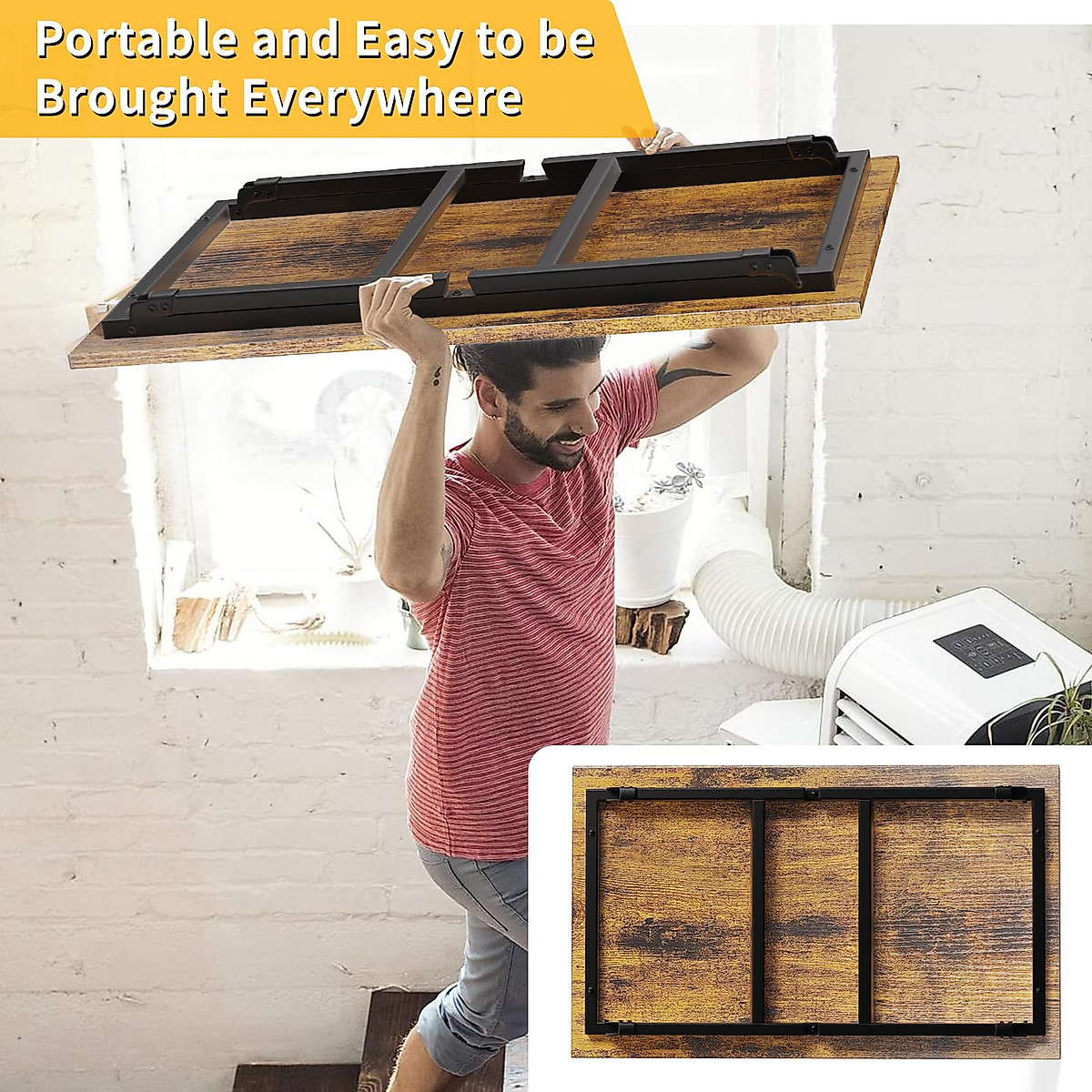 Xankzi Folding Coffee Table, Portable Wood Low Table with Metal Legs, No Assembly Required, Small Foldable Floor Desk for Tea Room/Living Room/Small Spaces (39.4in x 23.6in x 15.8in) (Rustic Brown)