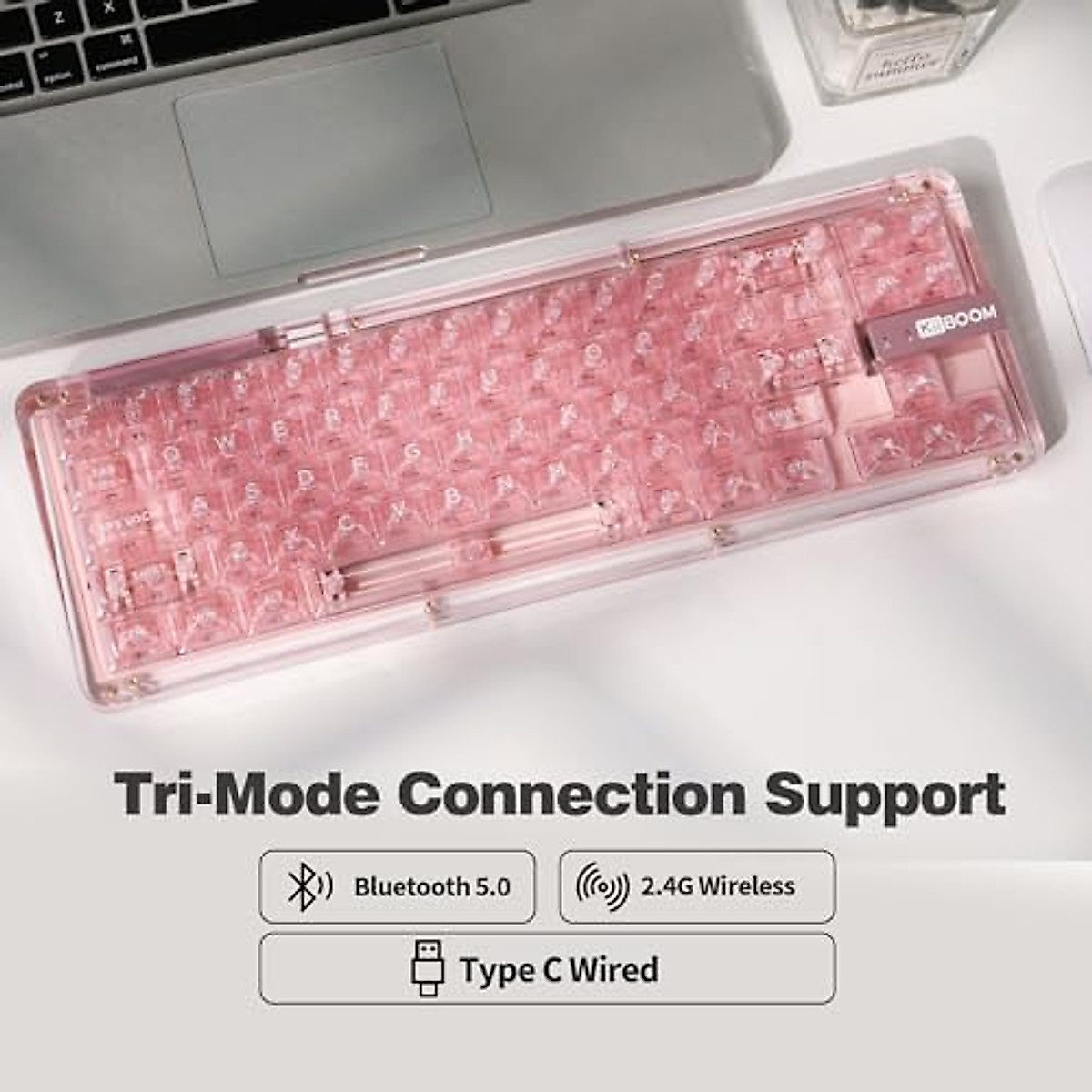 KiiBoom Phantom 68 65% Hot Swappable Crystal Gasket-Mounted Mechanical Keyboard, BT5.0/2.4GHz/USB-C Wired Wireless NKRO Gaming Keyboard with South-Facing RGB, 4000mAh Battery for Win/Mac(Pink)