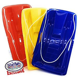 Matty's Toy Stop 26" Heavy Duty Plastic Snow Sled Toboggan with Tow Rope for Kids Red, Yellow & Blue Gift Set Bundle - 3 Pack