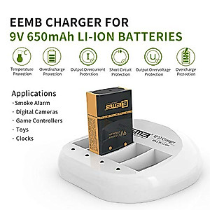 EEMB LP 9V Rechargeable Lithium ion Battery Charger for 6F22 650mAh 9Volt Li-ion Batteries for Smoke Alarm Digital Cameras Toys Clocks (4 Bay Charger)