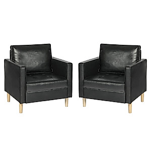 STHOUYN Black Faux Leather Accent Chairs Set of 2 Small Living Room Bedroom Chairs, Comfy Reading Chair Single Sofa for Adults, Suitable Small Spaces Office Couch, Easy Assembly