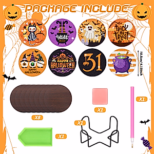 Suttmin 8 Pcs Halloween Diamond Painting Coasters Kits DIY Diamond Kits with Holder Gnome Pumpkin Ghost Coasters for Adult Kids Christmas for Craft Beginner Party Gift