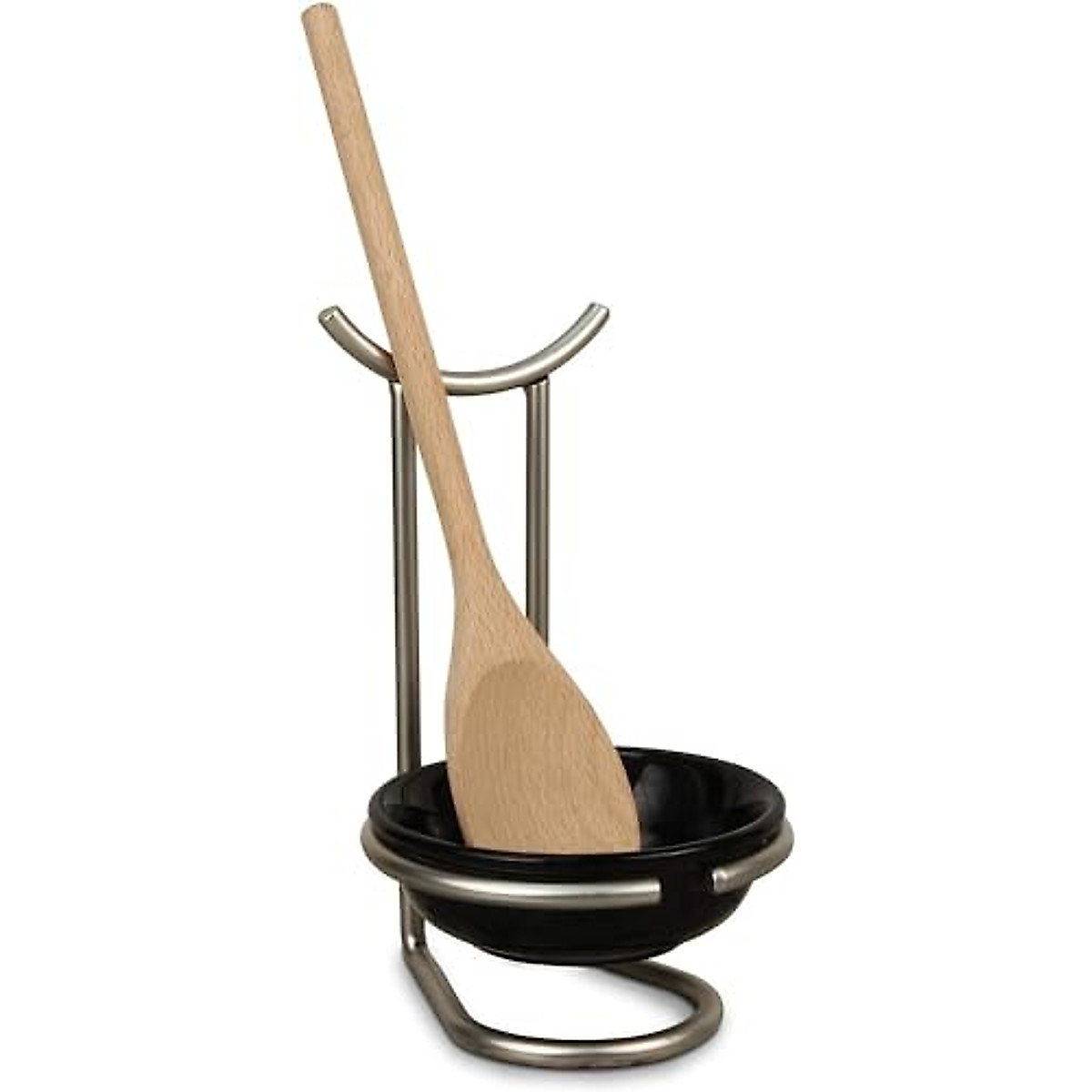 Spectrum Diversified Euro Standing Spoon Rest with Ceramic Dish Upright Utensil Holder for Stovetop & Kitchen Counter Organization, Modern Vertical Design, 1, Satin Nickel/Black