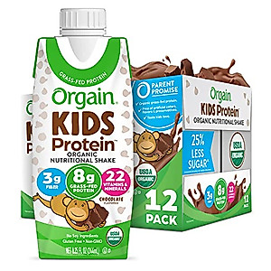Orgain Organic Kids Protein Nutritional Shake, Chocolate - 8g of Protein, 22 Vitamins & Minerals, Fruits & Vegetables, Gluten Free, Soy Free, Non-GMO, 8.25 Fl Oz (Pack of 12)