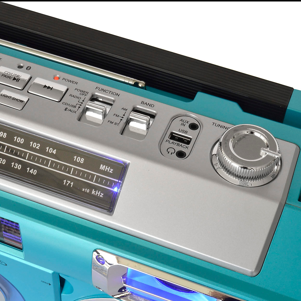 Studebaker Vintage Aqua Turquoise 80's Retro Street Bluetooth Wireless Streaming Boombox Rechargeable Battery, CD/MP3 Player, AM/FM, USB, Multi Color LED EQ, Full-Range High Bass Speakers & AC/DC -