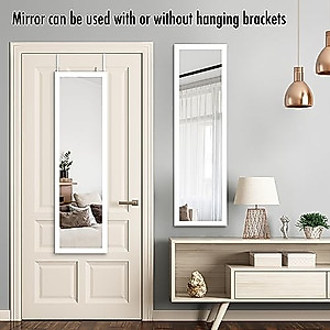 Americanflat 12x48 White Over The Door Mirror with Hanging Brackets - Door Mirrors for Bedroom Full Length, Bathroom, Dorm - Long Full Body Mirror with Hanger and Shatter-Resistant Glass