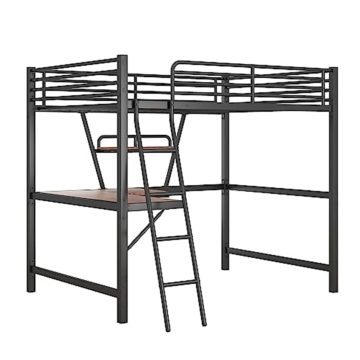 Full Size Metal Loft Bed with MDF Desk and Storage Shelf, Multifunctional Loft Bed with Ladder and Guard Rail, Space Saving, No Box Spring Needed for Boys Girls Teens Adults (Black, Full)