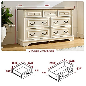 BLANKSPACE Rustic White Dresser for Bedroom,7 Drawers Dresser, Farmhouse Dresser for Living Room,7 Chest of Drawers with Thickened Wood Carving for Closet,Hallway