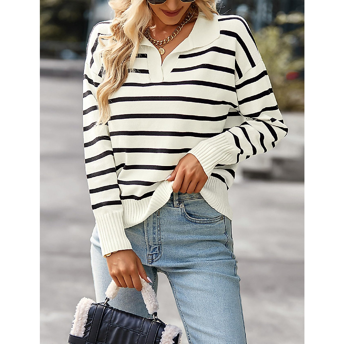 BQDCQB Women Striped Sweater Polo V Neck Long Sleeve Loose Sweater Knit Pullover Jumper Tops Black L