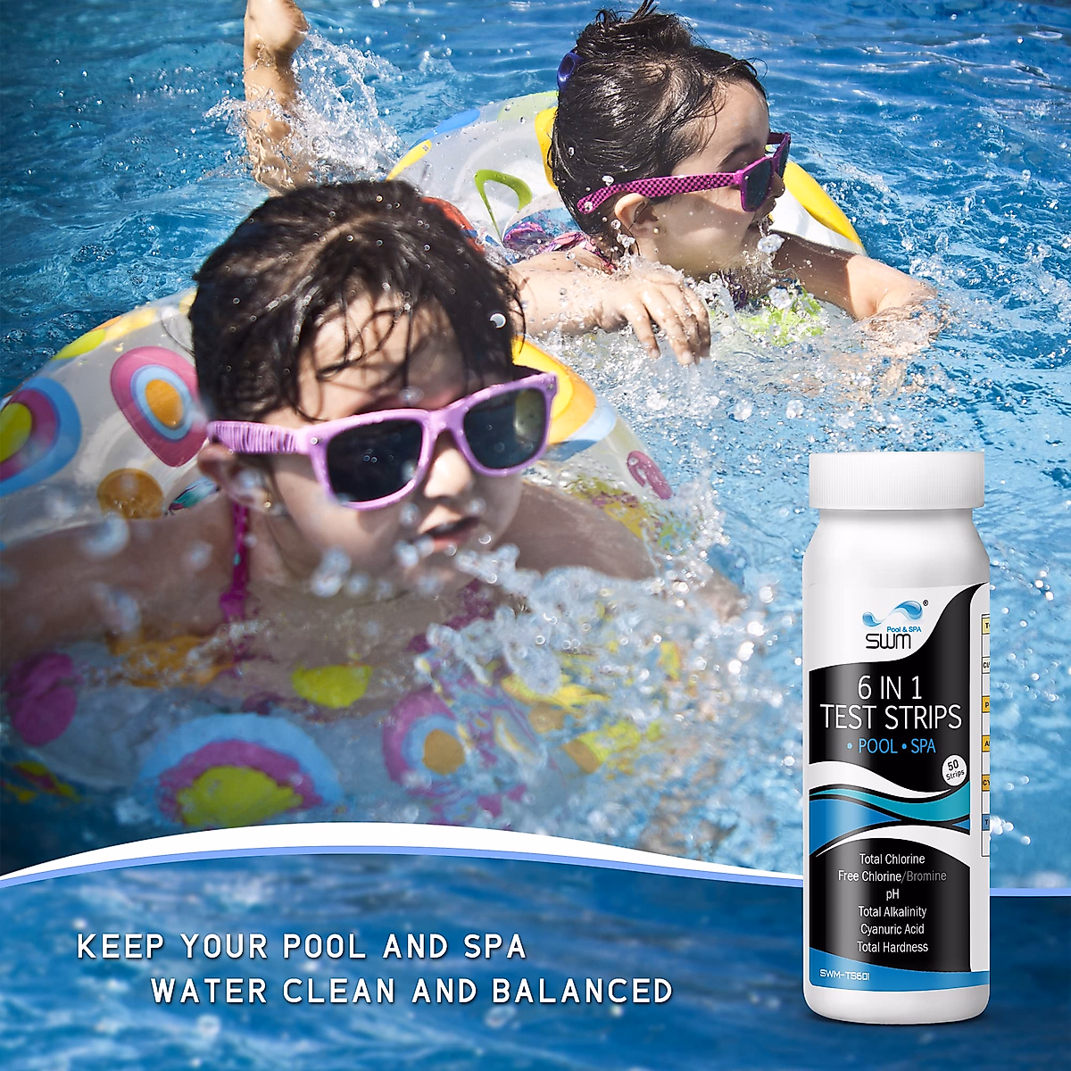 SWM Pool&Spa 6in1 Test Strips, 100 ct, Accurate 7 Parameters Water Chemical Testing Kit, pH, Bromine, Total Alkalinity, Total&Free Chlorine, Total Hardness, Cyanuric Acid(2 Pack of 50)