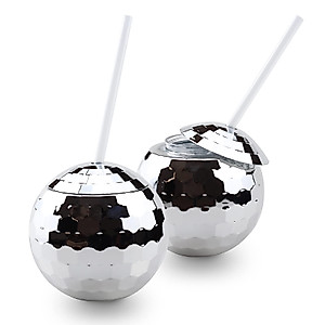 Towjaw 2Pcs Disco Ball Cups（20oz）-1970s Silver Disco Ball Drinking Cup，Disco Ball Cups with Straws and Lid for Party，Disco Ball Tumbler Cocktail Cup for Bachelorette Party