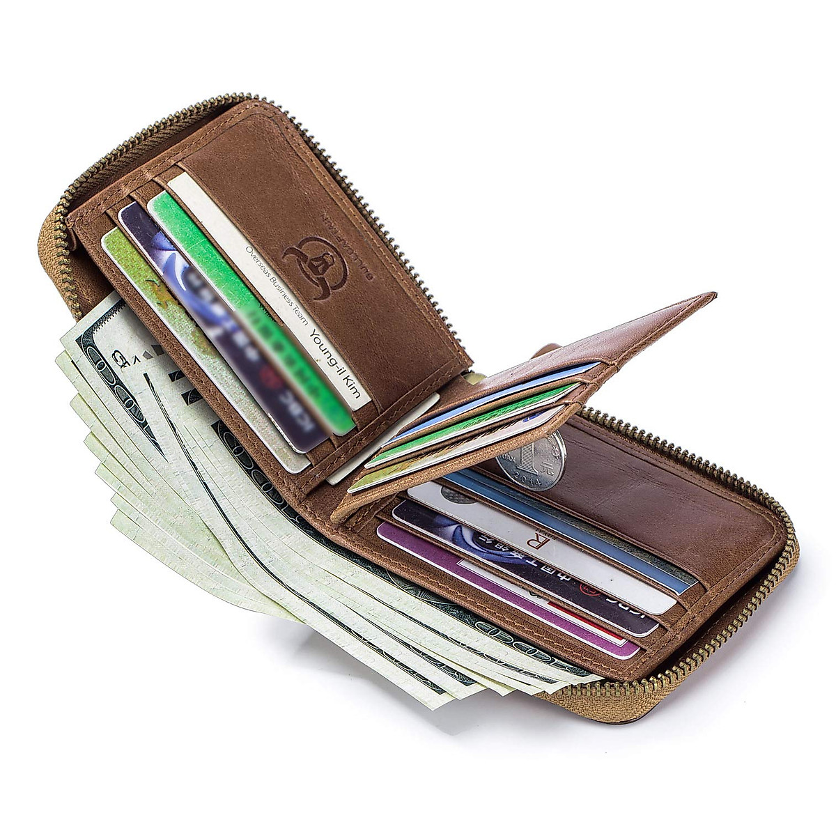 BULLCAPTAIN Mens Genuine Leather Zipper Wallet RFID Blocking Bifold Secure Zip Around Wallets Multi Credit Card Holder Purse (Handmade brown)