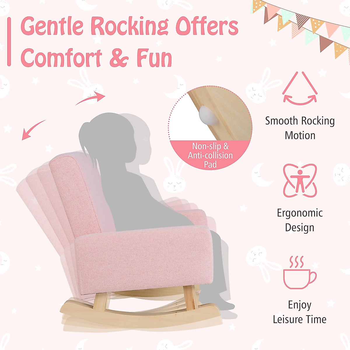 HONEY JOY Toddler Rocking Chair, Kids Rocker Chair with Solid Wood Legs & Linen Fabric, Kids Furniture Sofa w/Anti-Tipping Design, Toddler Couch for Kids Room, Playroom, Nursery, Bedroom (Pink)