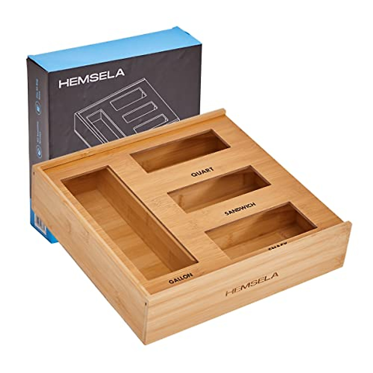 HEMSELA Ziplock Bag Organizer, kitchen drawer organizer with foil and plastic wrap, aluminum foil organizer, ziplock bag dispenser With Cutter, Compatible for Gallon, Quart, Sandwich & Snack (Wooden)