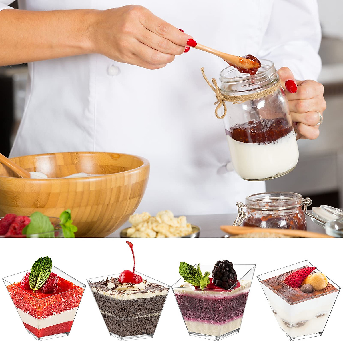 Fasmov Dessert Cups with Spoons, 100 Pack 4oz Square Clear Plastic Parfait Appetizer Cup, Plastic Tumbler Cups Pudding Cups for Fruit, Desserts, Mousse, Ice Cream