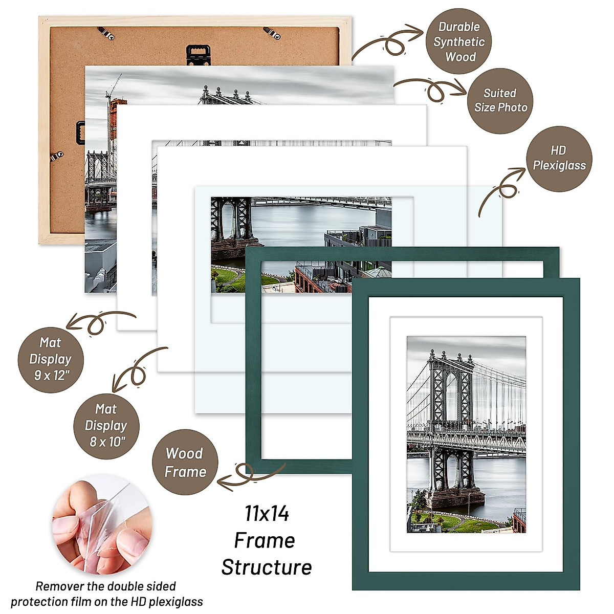 UHFWIFR 11x14 Picture Frames Solid Wood Display Pictures 9x12 or 8x10 with Mat or 11x14 Frame without Mat Poster Photo Frame Art with 2 Mats for Wall Mounting or Table Top(Dark Green)