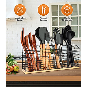 PrimZooty Extra Large Utensil Holder for Kitchen Counter - 15.7"x 6.7"x 4.4", Aesthetic Design, Anti-Slip Mat, 4 Compartments, Black Cooking Utensil Organizer for Countertop, Spatula Utensil Caddy