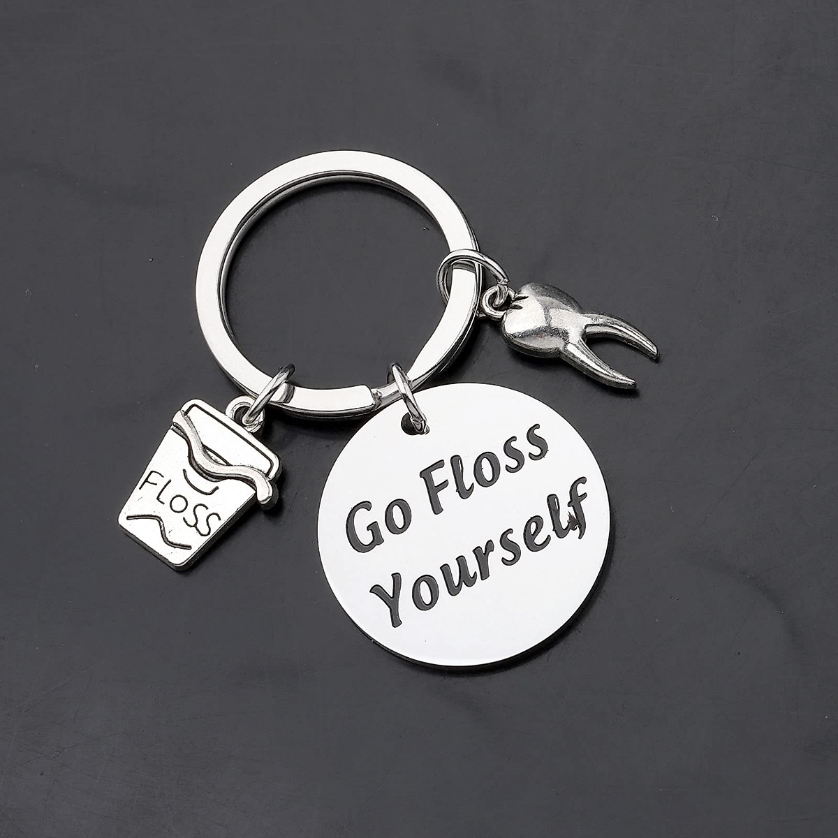 POTIY Funny Dentist Dental Hygienist Gift Dentist Jewerly Go Floss Yourself Keychain Dental Keychain Dentists Floss and Tooth Charm Keychain Gift (keychain)