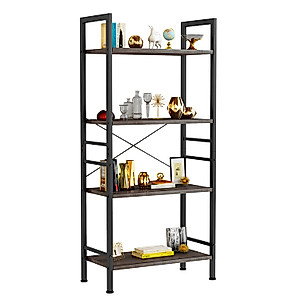 DKLGG 4-Tier Storage Shelves, Bookshelf, Wood Bookcase with Metal Frames and Standing Shelving Unit, Industrial Design Open Standing Organizer for Living Room, Bathroom, Balcony, Office, Rustic Brown