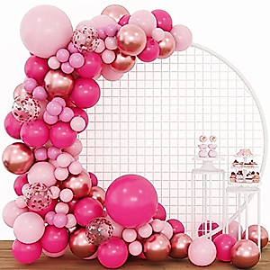RUBFAC Pink Balloon Arch Garland Kit, Hot Pink Rose Gold Chrome Balloons for Birthday Shower Princess Theme Party Background Decorations