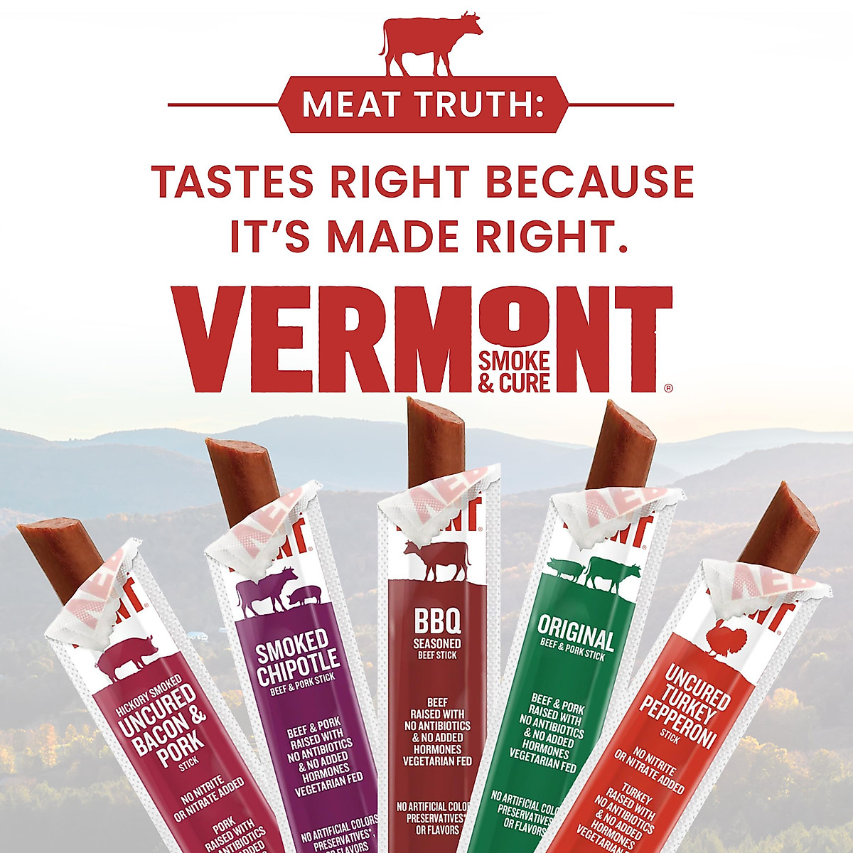 Snack Sticks by Vermont Smoke & Cure – Original Flavor – Beef & Pork – Healthy Meat Protein – 1oz Jerky Stick – 24 count carton
