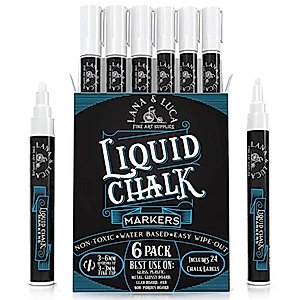 Liquid Chalk Marker Pen - White, Dry Erase for Chalkboard Signs, Windows, Blackboard, Glass with 24 Chalkboard Labels Included (6 Pack) 3-6mm Reversible Tip, 3-3mm Fine Tip