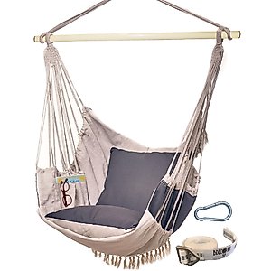 BDECORU Hanging Hammock Chair Swing - Outdoor & Indoor Hammock Swing Chairs for Outside or Inside of Home, Swing Hanging Chair with Footrest - Includes 2 Cushions, Bag, & Hanging Kit - Gray Beige