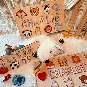 BeneCharm Personalized Name Puzzle for Kids 1st Birthday Gifts for Girls&Boys Engraved Text Greetings on Back Custom Wooden Name Signs with pegs Personalized Baby Gifts