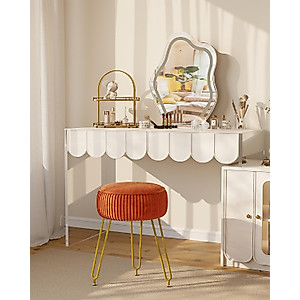 IBUYKE Velvet Round Footrest Stool Ottoman, Makeup Vanity Stool Side Table, Velvet Dressing Table Seat, Pouf Couch Stool, Golden Steel Legs, Orange LG-30J