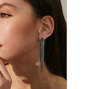 Long Black Earrings for Women Dangling Tassel Earrings Long Metal Chain Tassel Dangle Earrings Black Fringe Earrings Geometric Earrings Bridesmaid Jewelry