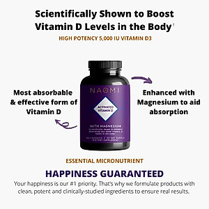 NAOMI Activated Vitamin D, Vitamin D3 5000 IU with Magnesium Supplement, Vitamin D for Strong Bones, Balanced Mood and Optimal Immune Support, K Minerals, D Vitamin IU- 60 Veggie Capsules