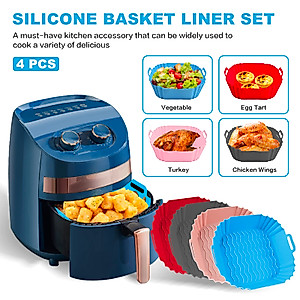 4 Pack Silicone Air Fryer Liners, Reusable Air Fryer Basket Bowl for 4 to 7 QT, Replacement of Flammable Parchment Paper, 8in Square Baking Tray Pots, Easy to Clean for Oven Accessories(4 Colors)