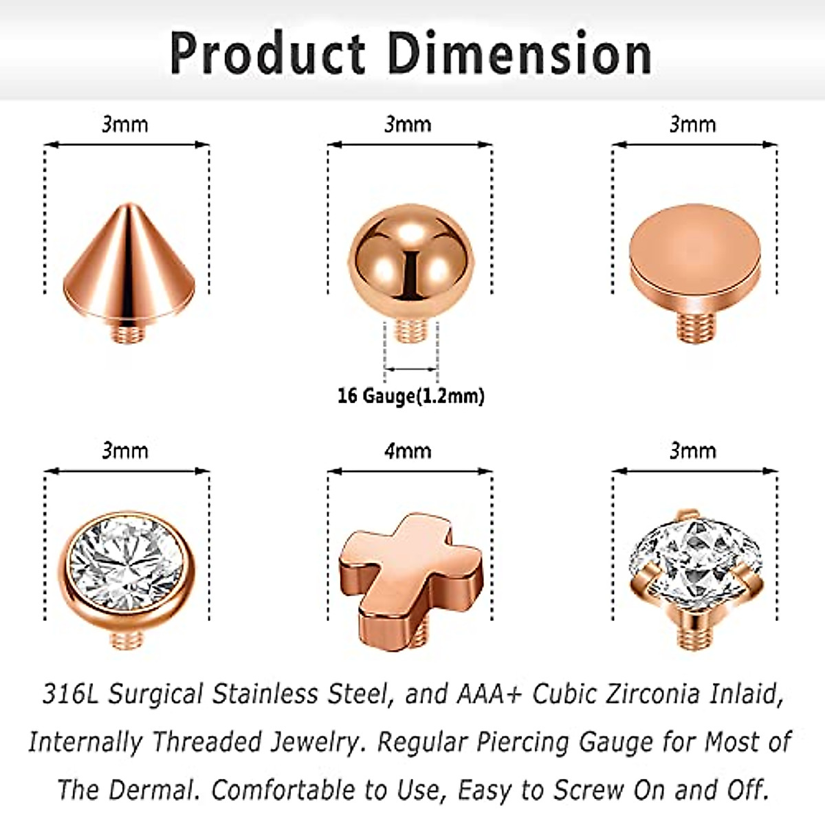 BodyAce 16g Crystal Micro Dermal Tops, Stainless Steel Dermal Base, Rose Gold Dermal Anchor Tops for Women Men, Skin Piercing Tops 3mm 4mm Dermal Piercing Jewelry (D Set:28Pcs(4mm))