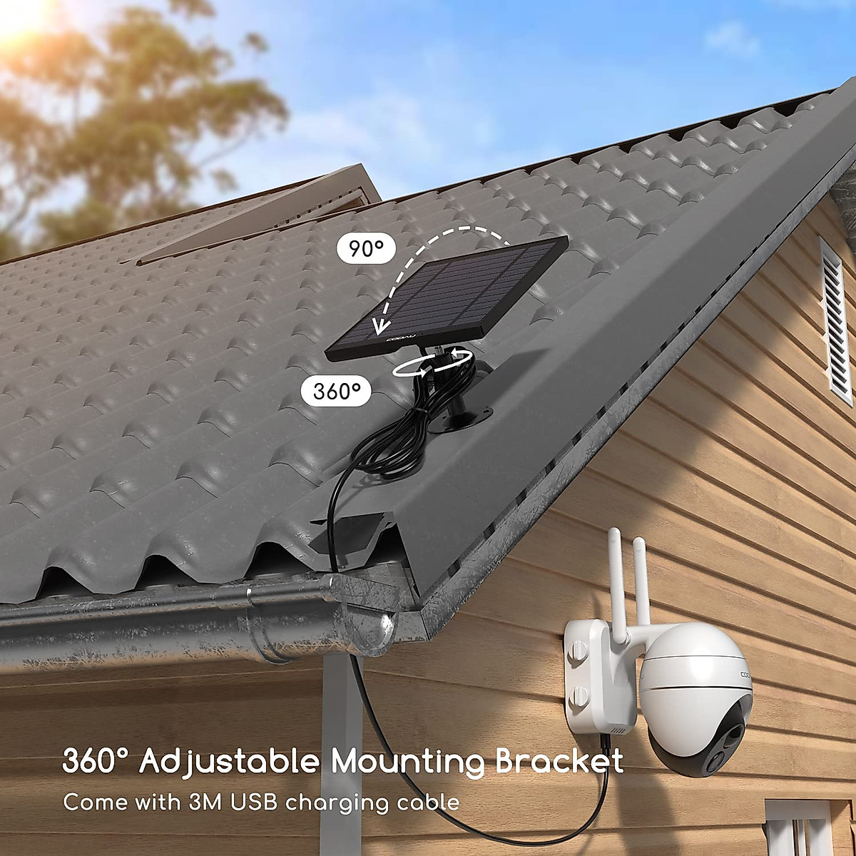 COOAU Solar Panel for Outdoor Security Camera, Waterproof Solar Panel with 10ft USB Cable Compatible with DC 5V Rechargeable Battery Camera, Continuous Power Supply for Security Camera (No Camera)