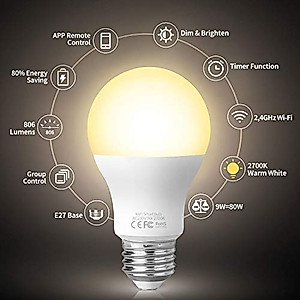 Fitop Smart Light Bulbs, Dimmable LED Bulb Work with Alexa & Google Assistant, WiFi+Bluetooth Smart Bulbs, A19 E26 9W 120V 900lm, 2 Pack