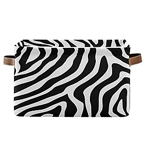 African Animal Zebra Print Storage Basket Large Foldable Storage Organizer Cubes Bins with Leather Handles Sturdy Collapsible Boxes for Shelf Cloth Toy Closet (1 Pack)